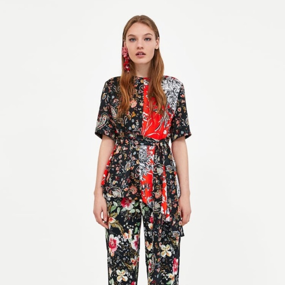 Zara | Tops | Zara Color Block Floral Blouse With Tie | Poshmark